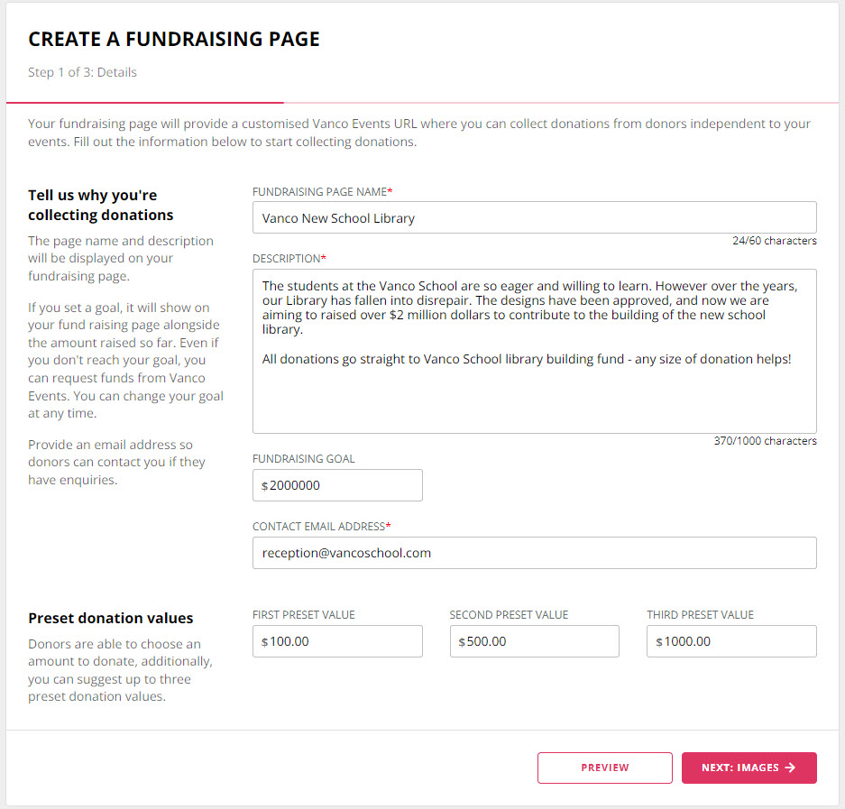 Creating and editing a Fundraising page – Vanco Events